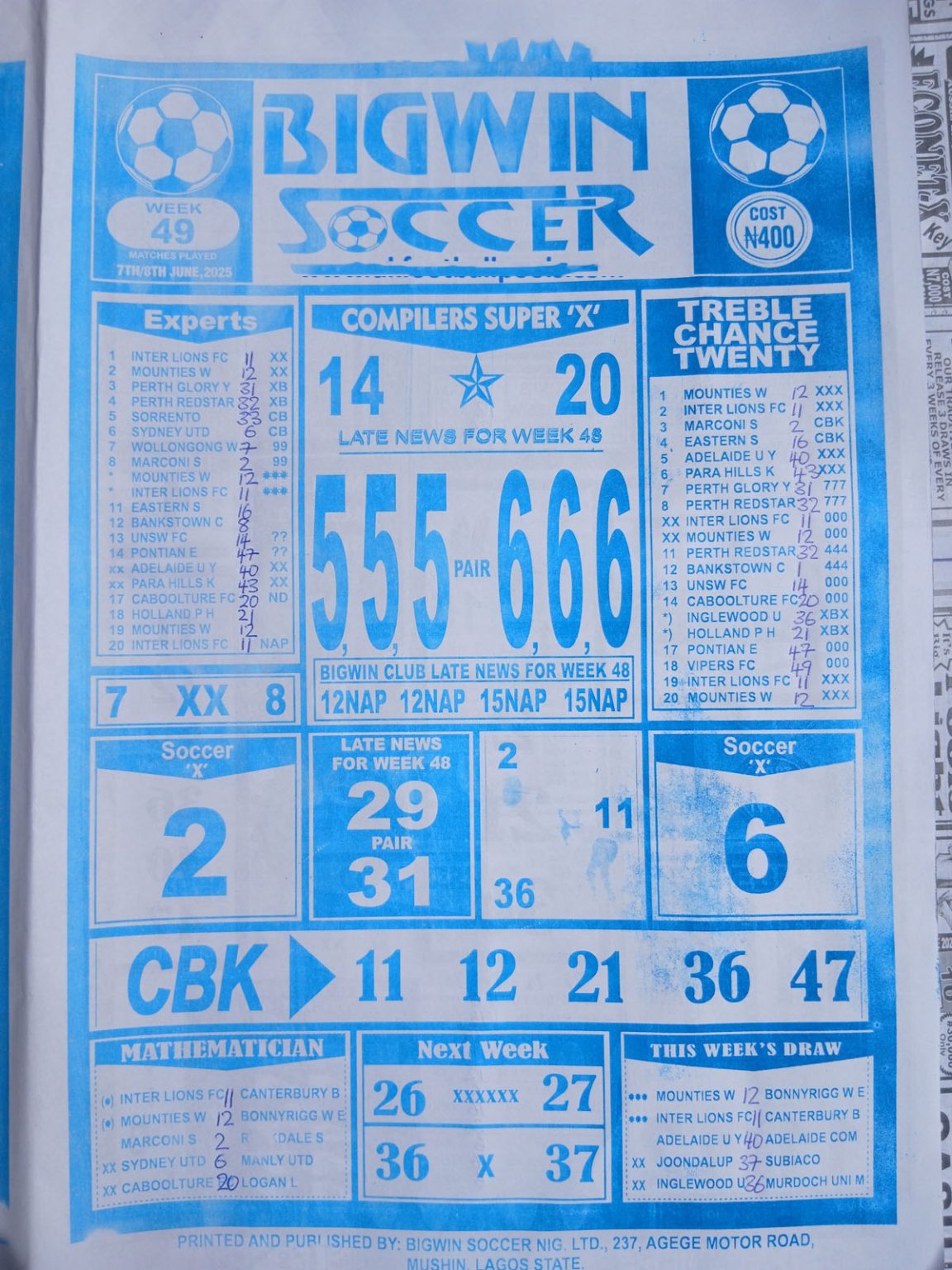 Week 49 Pool RSK Papers 2025 Bob Morton, Capital Intl, Soccer X